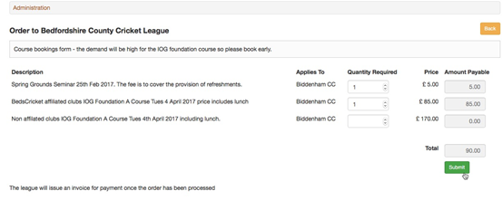 League Invoices & Orders – Play-Cricket
