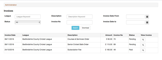 League Invoices & Orders – Play-Cricket